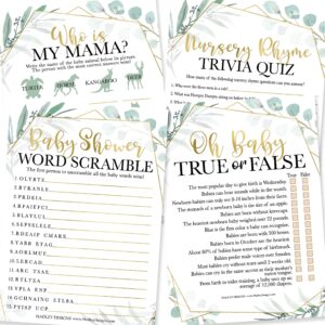 25 greenery word scramble for baby shower, 25 true or false game, 25 baby animal matching, 25 nursery rhyme game - 4 double sided cards baby shower ideas, baby shower party supplies