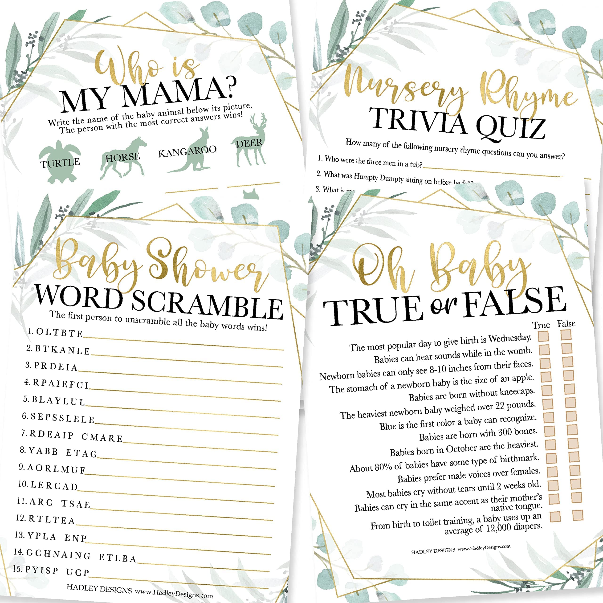 25 Greenery Word Scramble For Baby Shower, 25 True Or False Game, 25 Baby Animal Matching, 25 Nursery Rhyme Game - 4 Double Sided Cards Baby Shower Ideas, Baby Shower Party Supplies