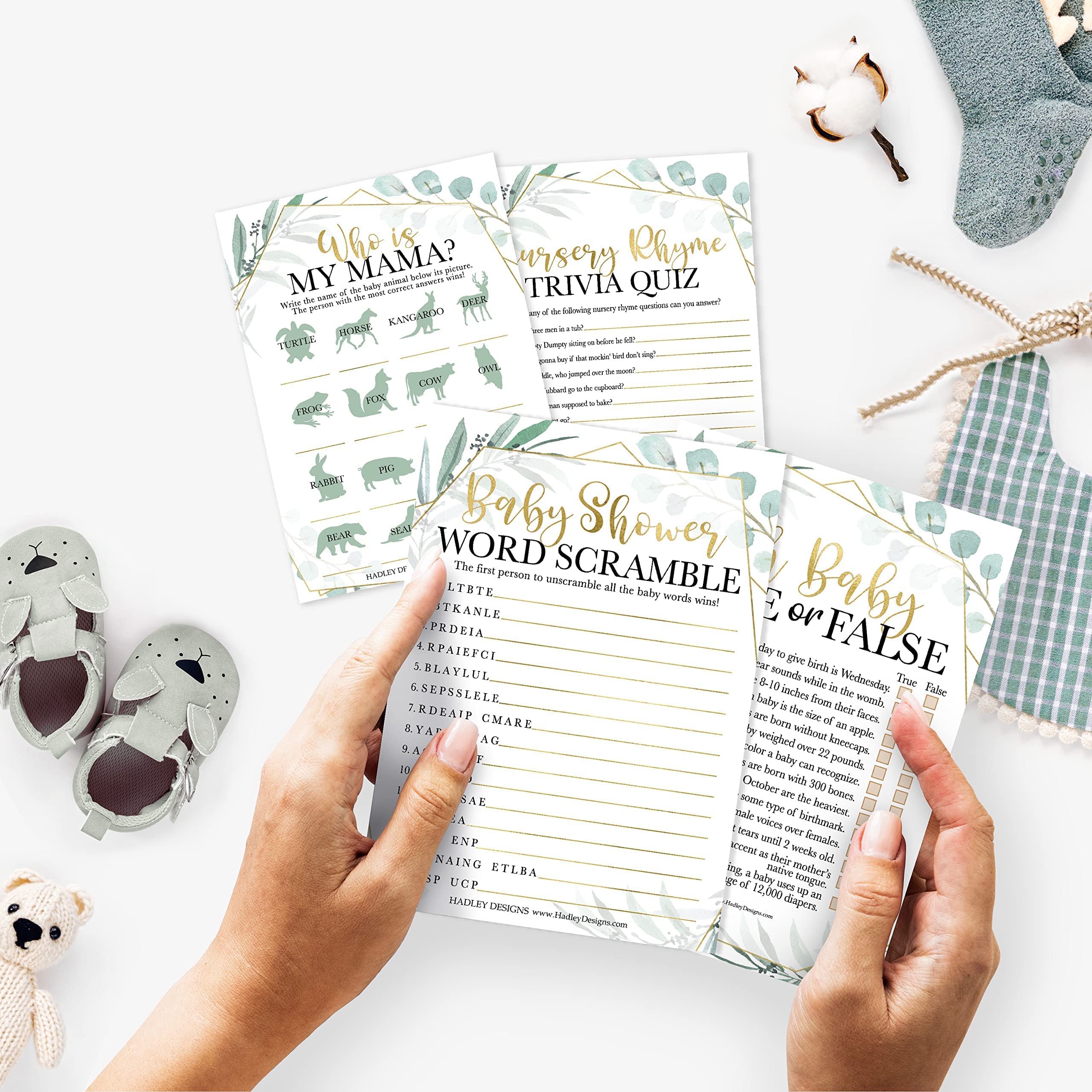 25 Greenery Word Scramble For Baby Shower, 25 True Or False Game, 25 Baby Animal Matching, 25 Nursery Rhyme Game - 4 Double Sided Cards Baby Shower Ideas, Baby Shower Party Supplies