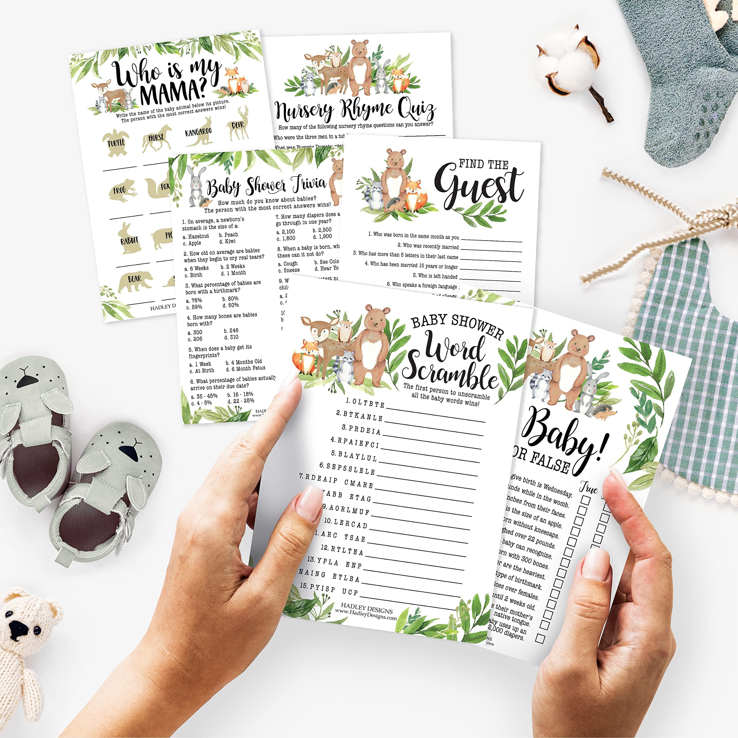 25 Woodland Word Scramble For Baby Shower, 25 True Or False Game, 25 Trivia Game, 25 Find The Guest, 25 Baby Animal Matching, 25 Nursery Rhyme Game - 6 Double Sided Cards Baby Shower Ideas