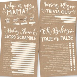 25 rustic word scramble for baby shower, 25 true or false game, 25 baby animal matching, 25 nursery rhyme game - 4 double sided cards baby shower ideas, baby shower party supplies