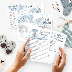 25 Elephant Who Knows Mommy Best, Baby Prediction And Advice Cards, 25 Word Scramble For Baby Shower, True Or False, 25 Trivia Baby Shower Game, Find The Guest - 6 Double Sided Cards Baby Shower Ideas