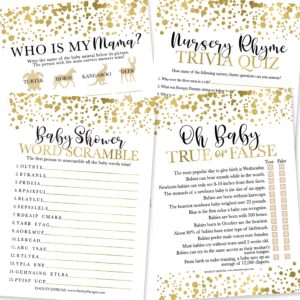 25 gold word scramble for baby shower, 25 true or false game, 25 baby animal matching, 25 nursery rhyme game - 4 double sided cards baby shower ideas, baby shower party supplies