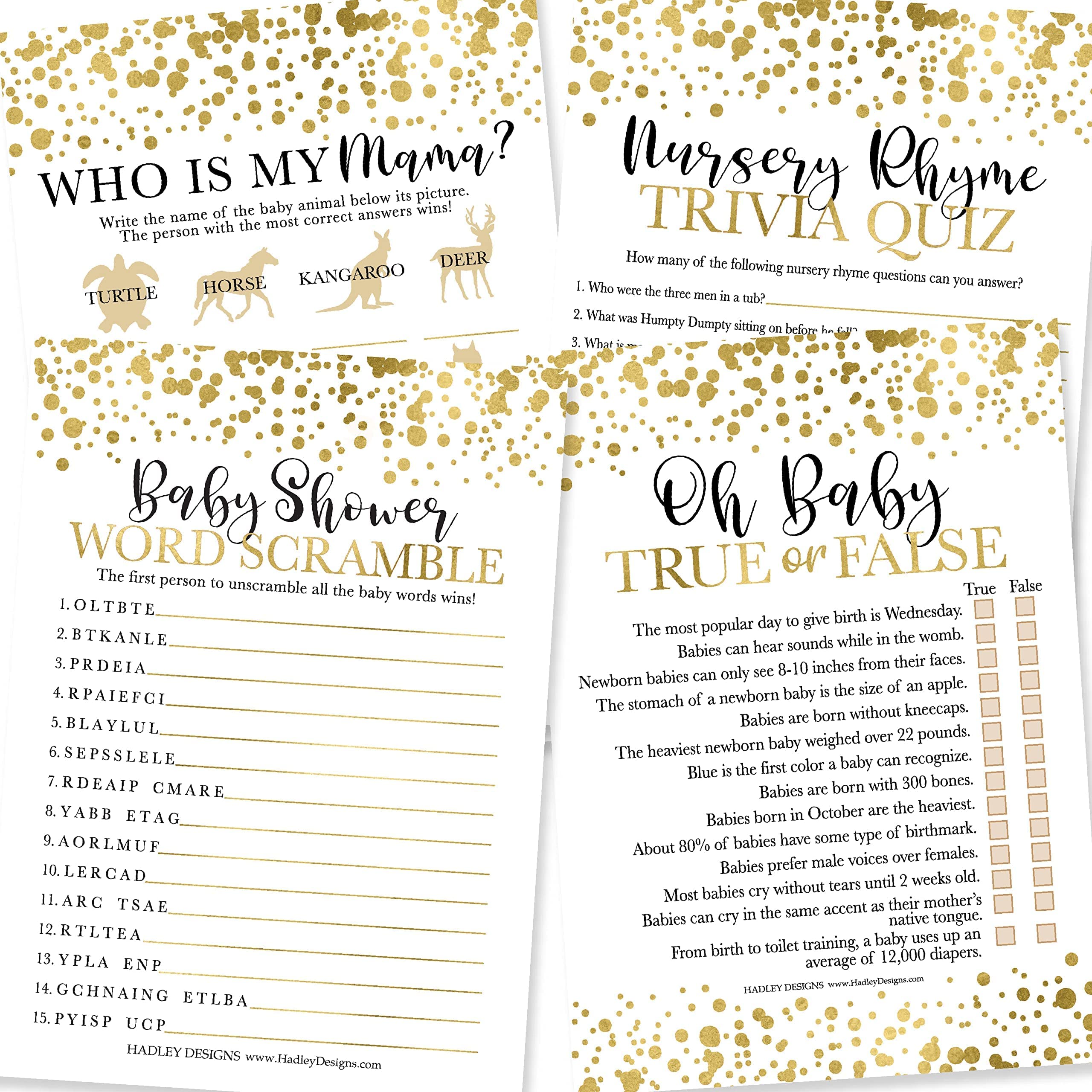 25 Gold Word Scramble For Baby Shower, 25 True Or False Game, 25 Baby Animal Matching, 25 Nursery Rhyme Game - 4 Double Sided Cards Baby Shower Ideas, Baby Shower Party Supplies