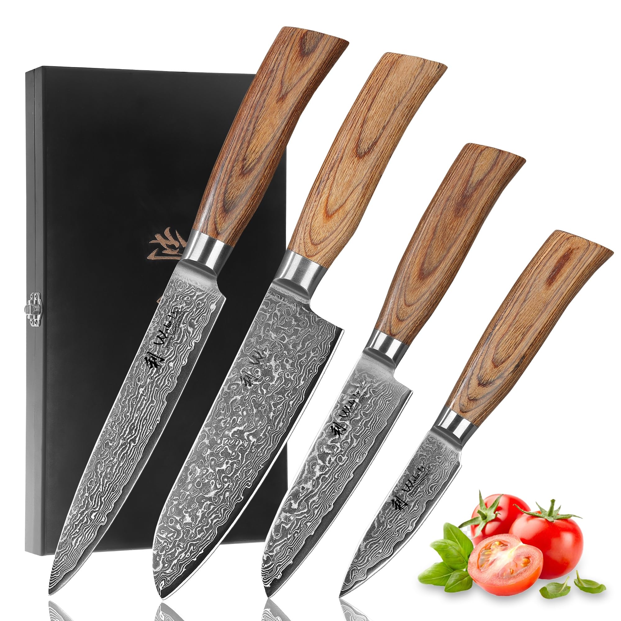 Wakoli Kitchen Knife Set, 4 Pieces Professional Chef Knife Set made from 67 Layers of Damascus Steel with VG10 Core, Damascus Knife with Ergonomic Pakkawood Handles in Wooden Gift Box (EDIB Pro 4-pcs)