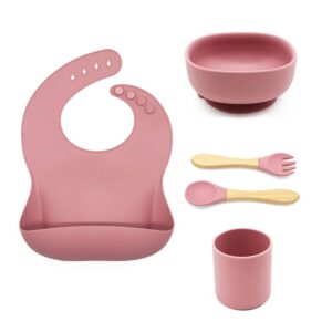 baby feeding set 5 pcs silicone dinner plates and cutlery set, santi & me baby weaning bowls with suction & silicone bibs & spoon and fork & toddler cups training dishes utensils(dark pink)