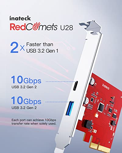 Inateck PCIe to USB 3.2 Gen 2 Card with 20 Gbps Bandwidth, USB A and USB C Ports, with Standard and Low Profile Brackets, RedComets U28