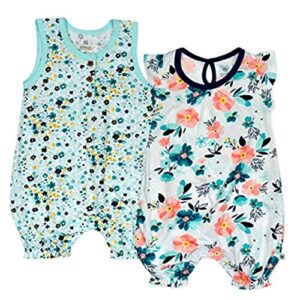 honestbaby multipack short romper sets and dresses 100% organic cotton for infant baby, toddler boys, girls, unisex (legacy), dreamy floral aqua blue, 3-6 months