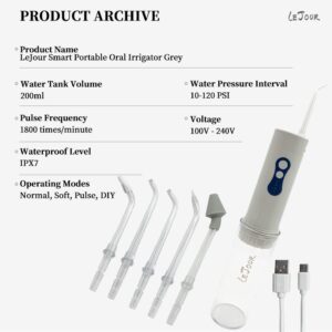 Water Dental flosser for Teeth Cleaning - LEJOUR Tooth Care, Cordless Portable Rechargeable Oral Irrigator 4 Modes 5 Tips IPX7 Waterproof Powerful Battery Water Teeth Cleaner Pick for Home Travel