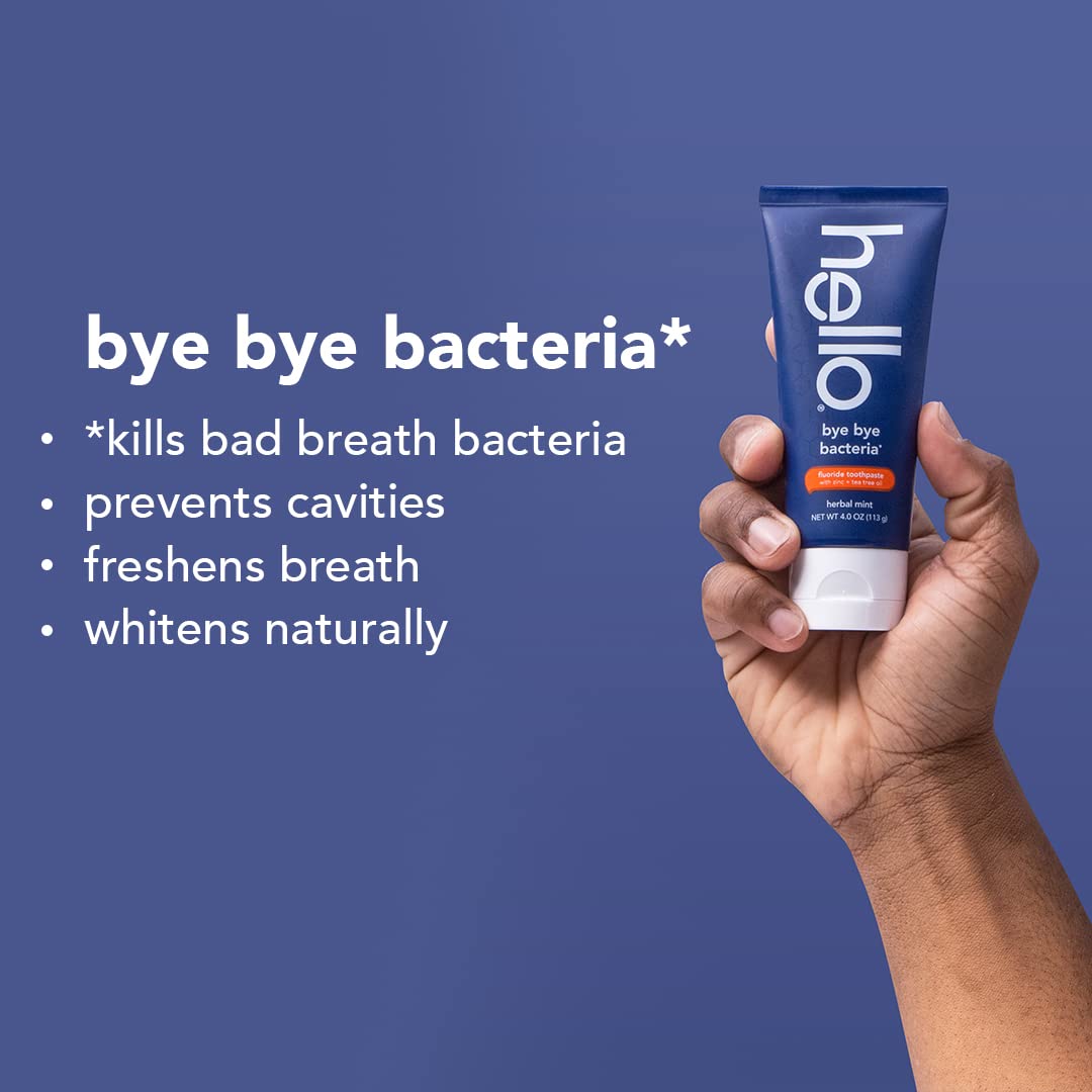 Hello Bye Bye Bacteria, Antibacterial Toothpaste with Fluoride, Bad Breath Toothpaste, Zinc, Tea Tree Oil, BPA Free, Anticavity, Vegan, Gluten Free, Herbal Mint Flavor, 2 Pack, 4 OZ Tubes