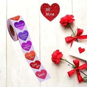 Valentine Stickers, 500 Pcs Glitter Heart Stickers Valentine's Love Decorative Stickers Heart Labels Red Heart Sticker for Valentine's Day,Wedding Decorations,Anniversaries (red purple love You)