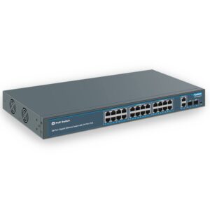 24 port gigabit ethernet poe switch with 2 uplink gigabit port & 2 sfp port, yuanley unmanaged 24 port poe+ network switch, rackmout, build in 400w power, support 802.3af/at, plug and play