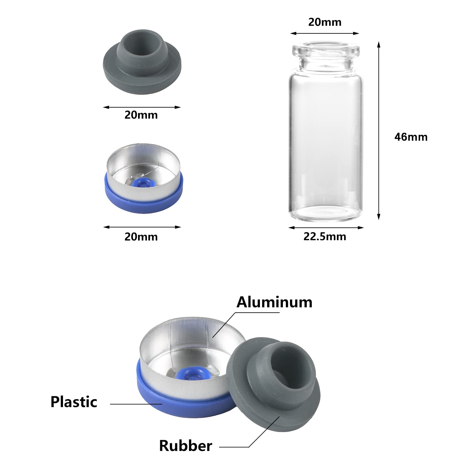 Eowpower 100 Pack 10ml Glass Vials, 20mm Glass Flat Bottom Lab Vial with Plastic-Aluminum Flip Caps and Rubber Stoppers (Clear)