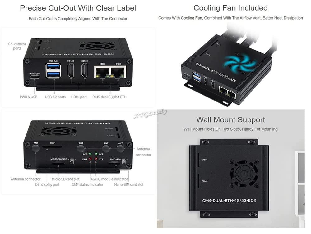 Dual Gigabit Ethernet 5G/4G Mini-Computer with Metal Case and Cooling Fan Based On Raspberry Pi Compute Module 4 (NOT Included) @XYGStudy (CM4-DUAL-ETH-4G/5G-BOX)