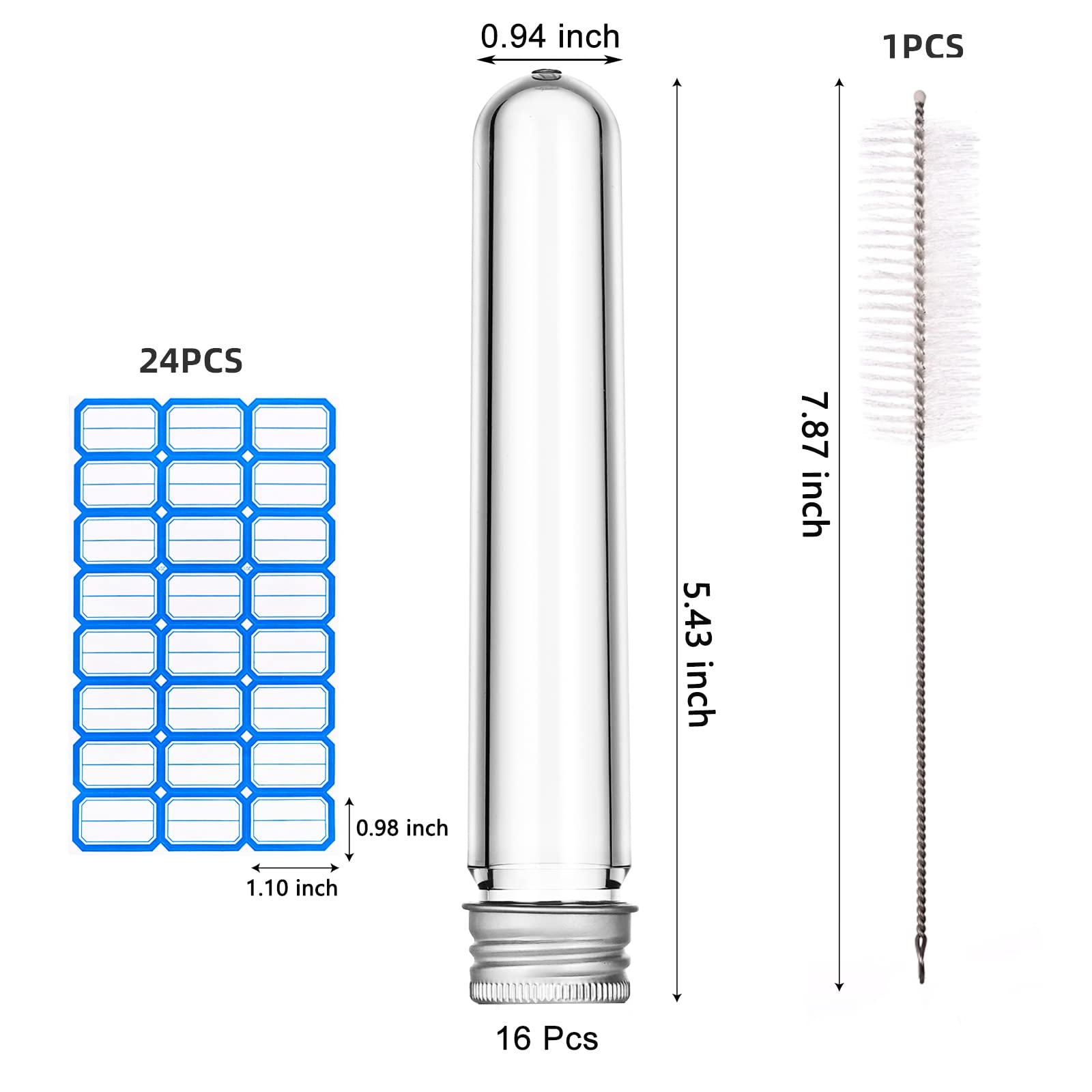 LABALPHA 16Pcs PET Plastic Test Tubes with Screw Caps for Candy Storage, Party, Bath Salt Vials, 24x138mm (30ml), Include a Test Tube Brush and Sticker Label