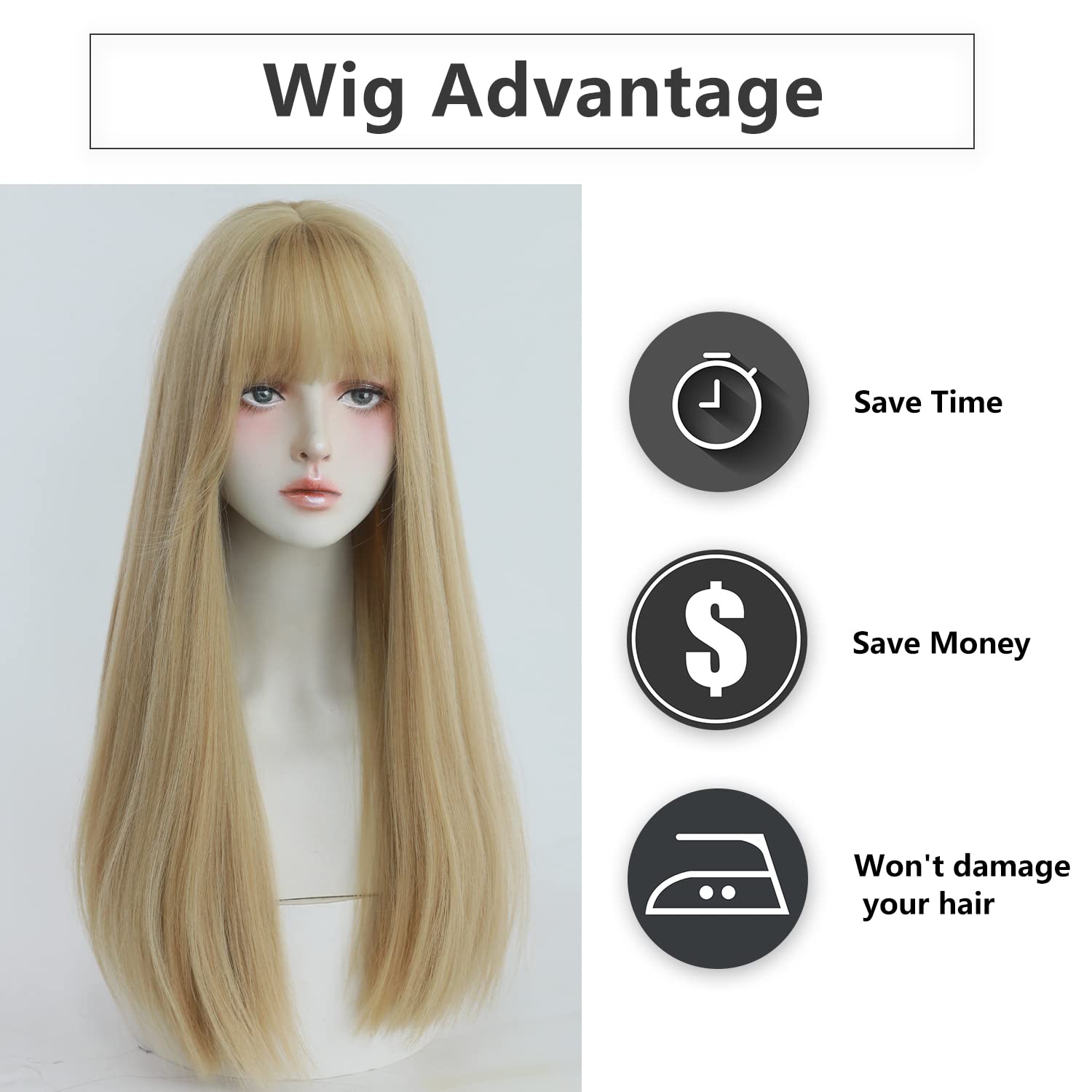 7JHH WIGS Blonde Wig With Bang For Women Long Straight Blonde Wig Synthetic Wig For Girl Emo Cosplay And Daily Use（23" Blonde