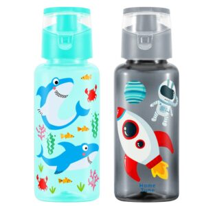 13oz kids water drinking bottle - bpa free, wide mouth, chug lid, easy open, lightweight, leak-proof water bottle with cute design for girls & boys - 2 pack(shark/space)