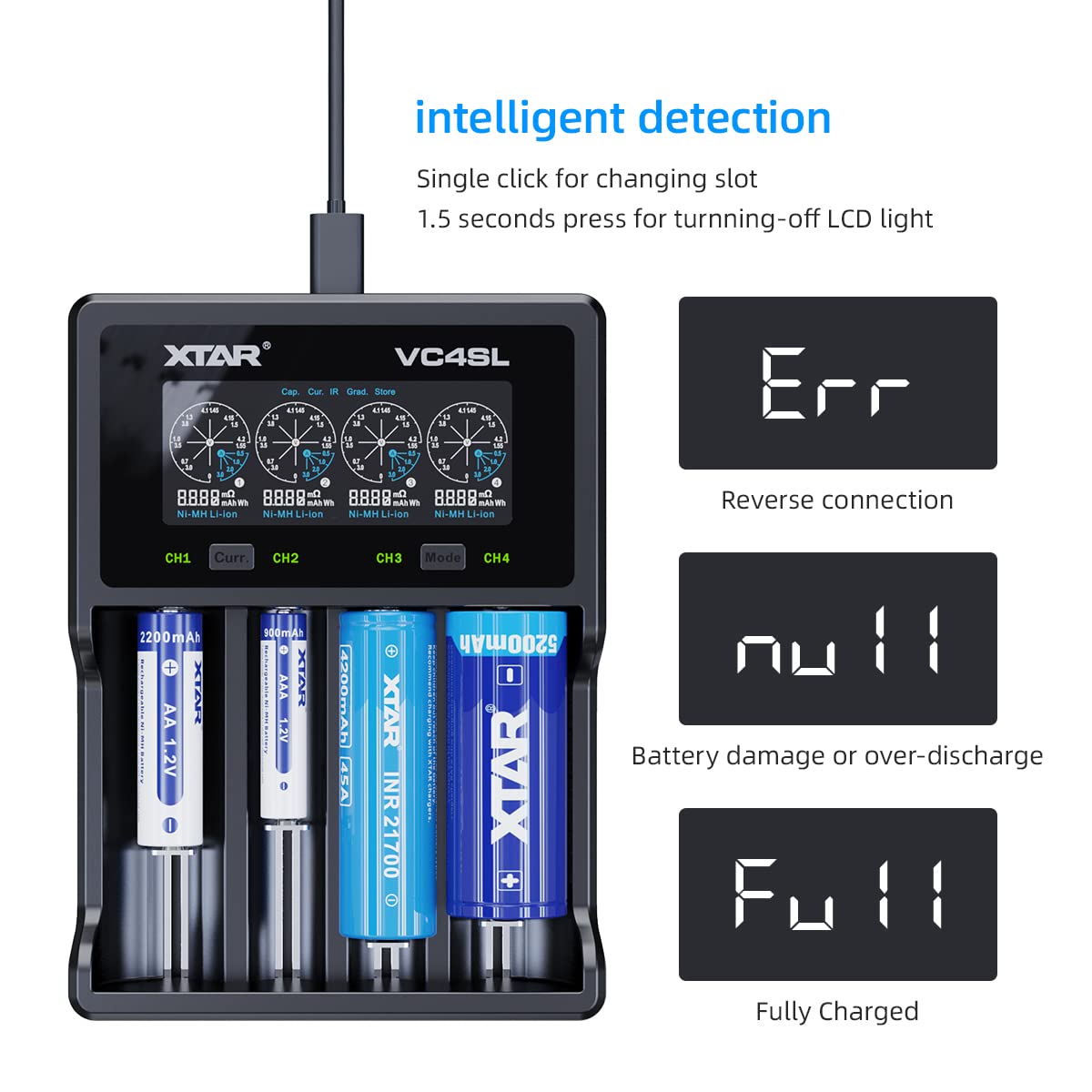 XTAR VC4SL Upgrade Version VC4S Smart Rechargeable Battery Charger Type C 4 Bay Fast 18650 Charger with LCD for 3.7V 3.6V Li-ion Battery 10440 14500 18650 21700 26650 and Ni-MH Ni-CD AA AAA