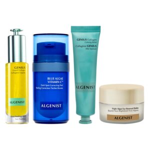 algenist collagen boost, brighten & restore kit - 4-piece anti-aging skincare set - genius liquid collagen, blue algae vitamin c dark spot correcting peel, calming relief cream & eye renewal balm