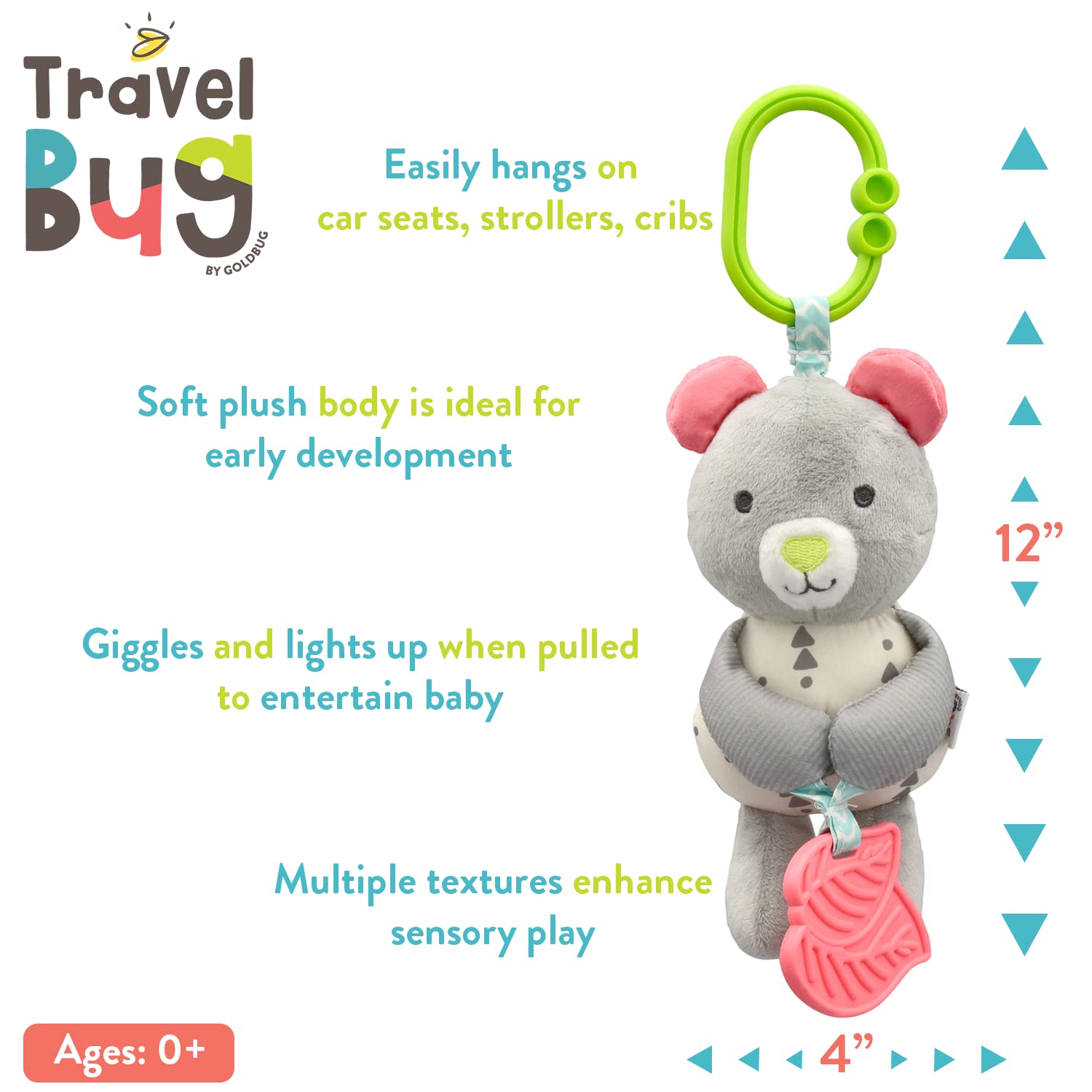 Travel Bug Multi-Sensory Baby Toy with Crinkle, Multiple Textures and Musical Playback, Stroller, Car Seat, Playmat Hanging Toy for Baby - Bear