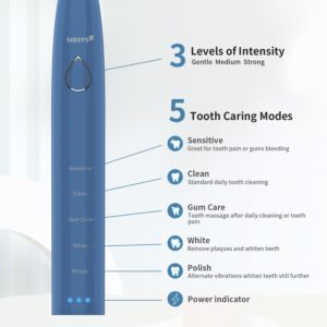 SIDSYS Electric Toothbrush with 2 Brush Heads, Ultrasonic Whitening Toothbrush, 15 Clean Modes with Timer, Wireless Charging, IPX7 Waterproof, Blue