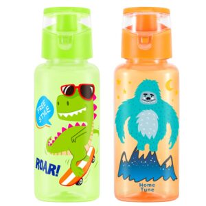 13oz kids water drinking bottle - bpa free, wide mouth, chug lid, easy open, lightweight, leak-proof water bottle with cute design for girls & boys - 2 pack(dinosaur/chimpanzee)