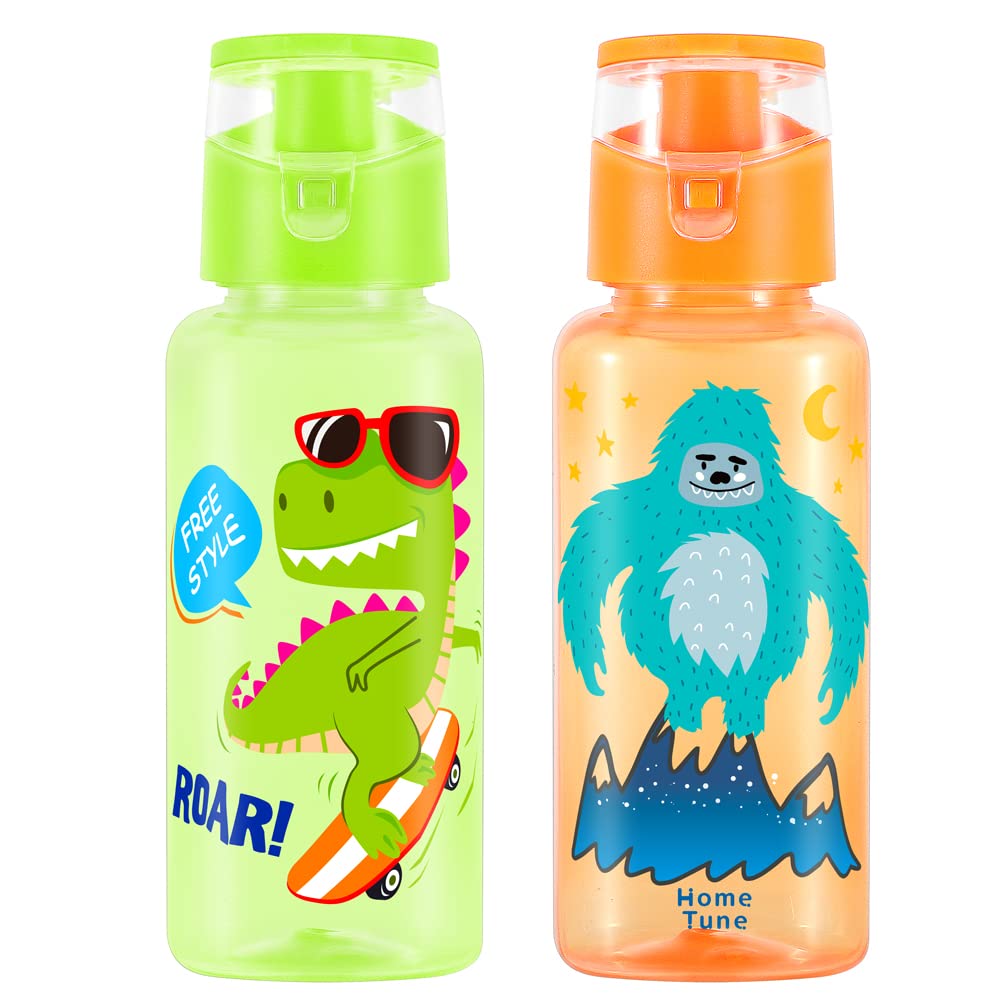 13oz Kids Water Drinking Bottle - BPA Free, Wide Mouth, Chug Lid, Easy Open, Lightweight, Leak-Proof Water Bottle with Cute Design for Girls & Boys - 2 Pack(Dinosaur/Chimpanzee)