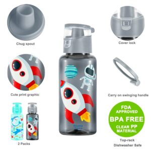 13oz Kids Water Drinking Bottle - BPA Free, Wide Mouth, Chug Lid, Easy Open, Lightweight, Leak-Proof Water Bottle with Cute Design for Girls & Boys - 2 Pack(Shark/Space)