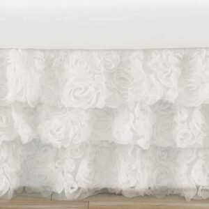 Sweet Jojo Designs White Floral Rose Girl Baby Crib Bed Skirt Nursery Dust Ruffle - Solid Flower Luxurious Elegant Princess Vintage Boho Shabby Chic Luxury Glam High End Roses Ruffle Tiered