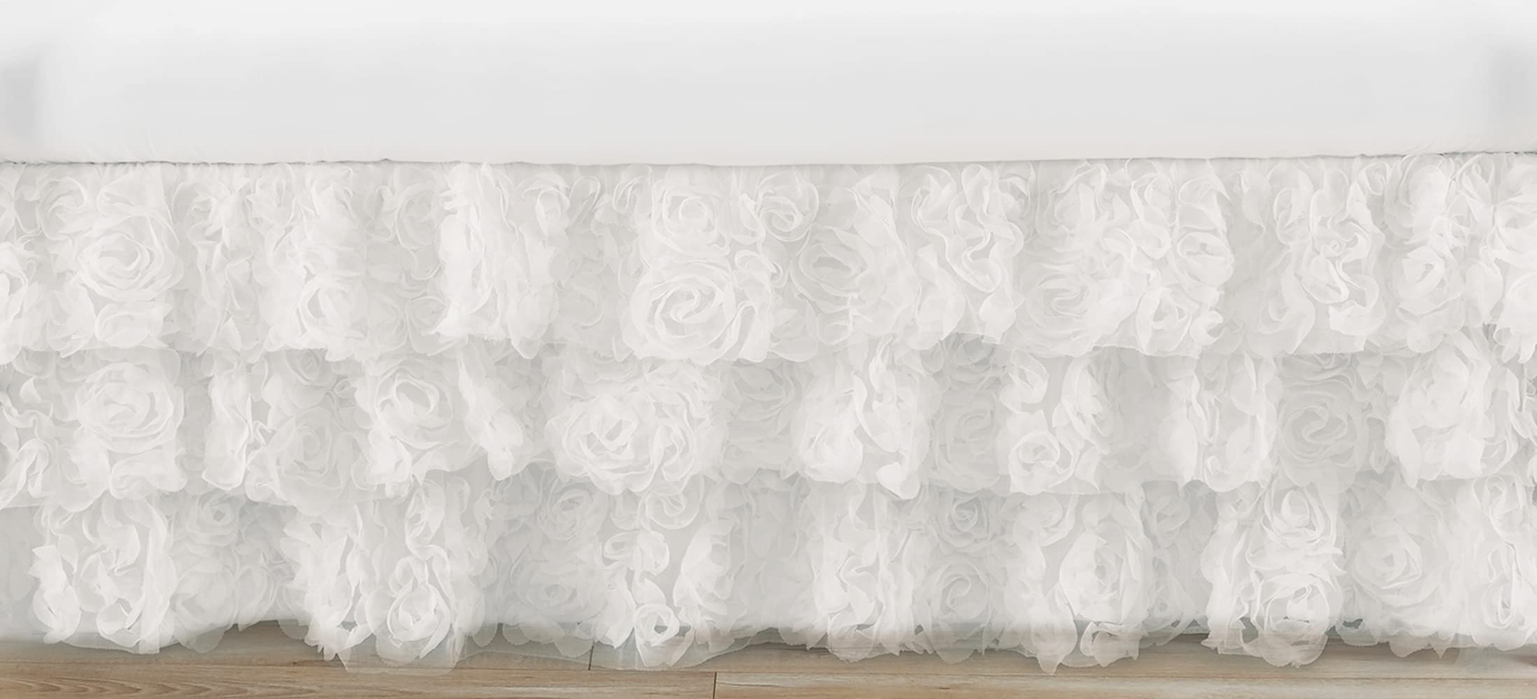 Sweet Jojo Designs White Floral Rose Girl Baby Crib Bed Skirt Nursery Dust Ruffle - Solid Flower Luxurious Elegant Princess Vintage Boho Shabby Chic Luxury Glam High End Roses Ruffle Tiered