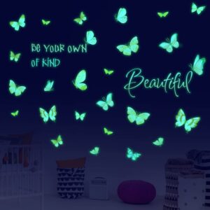 iarttop luminous butterfly wall decal, inspirational quotes-be your own of kind peel and stick murals, romantic glow butterflies theme wall sticker for girls bedroom nursery kids room decoration