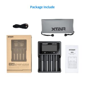 XTAR VC4H Battery Charger Smart LCD Display Universal Battery Charger 4 Slots Fast Charging for Rechargeable Batteries 3.6V/3.7V Li-ion18650 20700 21700 26650,1.2V Ni-MH/Ni-CD AAAA AAA AA Batteries