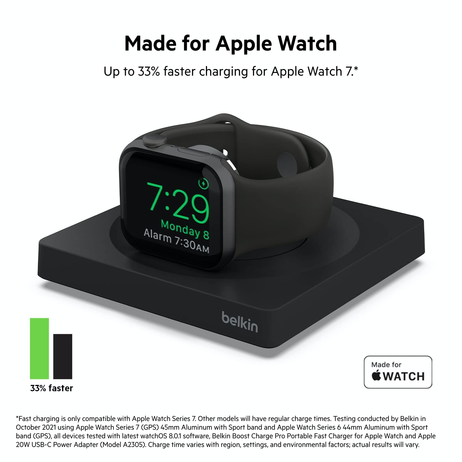 Belkin Apple Watch Charger - Fast Wireless Charging Pad - Travel Charger with Nightstand Mode W/USB-C Cable Included for Apple Watch (Compatible with All Models) - Black