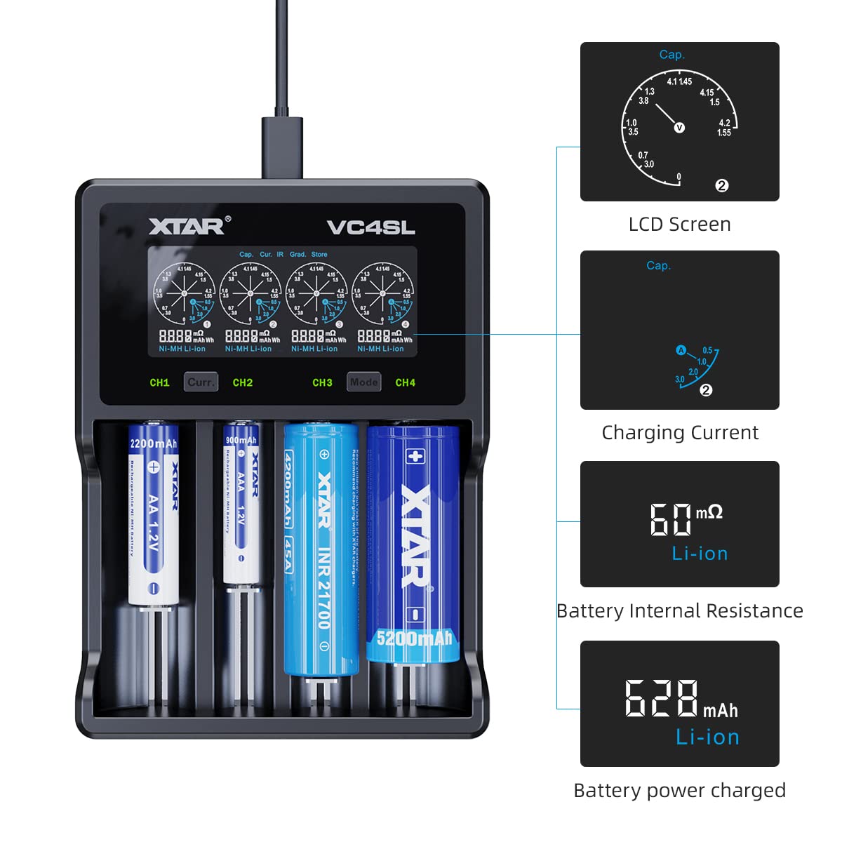 XTAR VC4SL Upgrade Version VC4S Smart Rechargeable Battery Charger Type C 4 Bay Fast 18650 Charger with LCD for 3.7V 3.6V Li-ion Battery 10440 14500 18650 21700 26650 and Ni-MH Ni-CD AA AAA