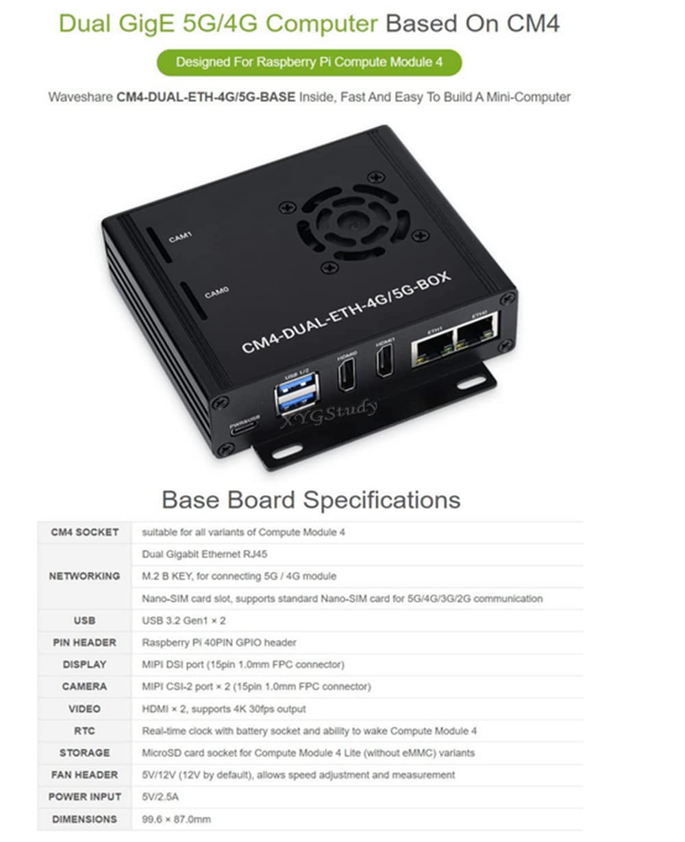 Dual Gigabit Ethernet 5G/4G Mini-Computer with Metal Case and Cooling Fan Based On Raspberry Pi Compute Module 4 (NOT Included) @XYGStudy (CM4-DUAL-ETH-4G/5G-BOX)