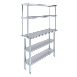 amgood stainless steel work table with 2 shelves | metal kitchen prep table & shelving combo (14" x 48" table with 2 shelves + 12" overshelf)