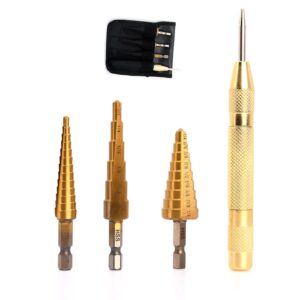 sinoprotools step drill bit & automatic center punch,3pcs hss titanium step drill bit set, quick change 1/4" shank step bit,unibit step bits for plastic, wood, sheet metal hole drilling