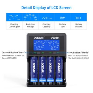 XTAR VC4H Battery Charger Smart LCD Display Universal Battery Charger 4 Slots Fast Charging for Rechargeable Batteries 3.6V/3.7V Li-ion18650 20700 21700 26650,1.2V Ni-MH/Ni-CD AAAA AAA AA Batteries