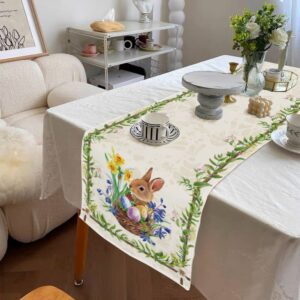 WHOMEAF Easter Bunny Table Runner Burlap Wild Flowers Cute Rabbit Green Leaves Eggs Table Runners Spring Summer Seasonal Kitchen Dining Table Center Decor for Home Party Indoor Outdoor 13x72 Inch