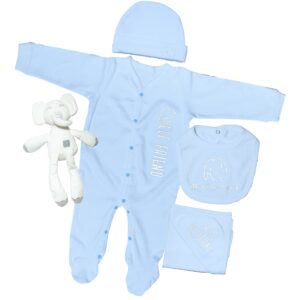 ele friend newborn gift set 0-6 months – unisex clothes for newborn, unisex baby gift set, gift basket includes cute soft white elephant plush doll, thank you card and giftbox (baby blue)