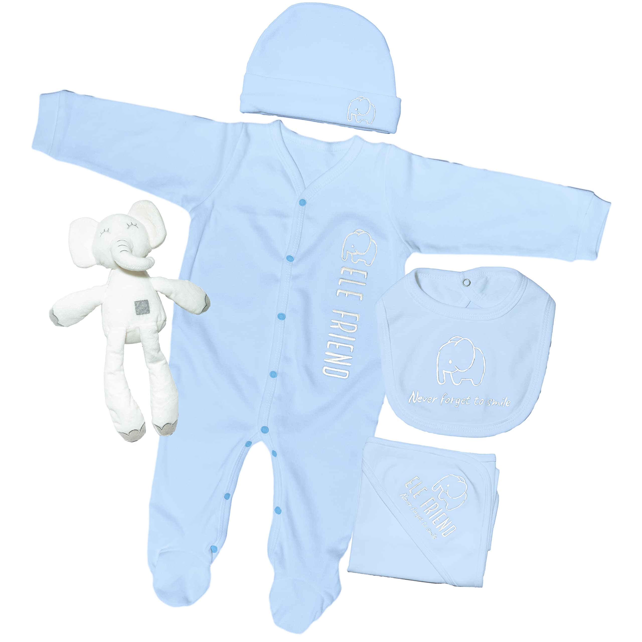 ELE Friend Newborn gift set 0-6 months – Unisex clothes for Newborn, Unisex baby gift set, Gift basket includes Cute Soft white Elephant Plush Doll, Thank You Card and giftbox (baby blue)