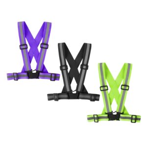 famnosta running reflective vest gear 3 pack adjustable safety vest for women men high visible reflective straps vest for running cycling motorcycling (green,black,purple)