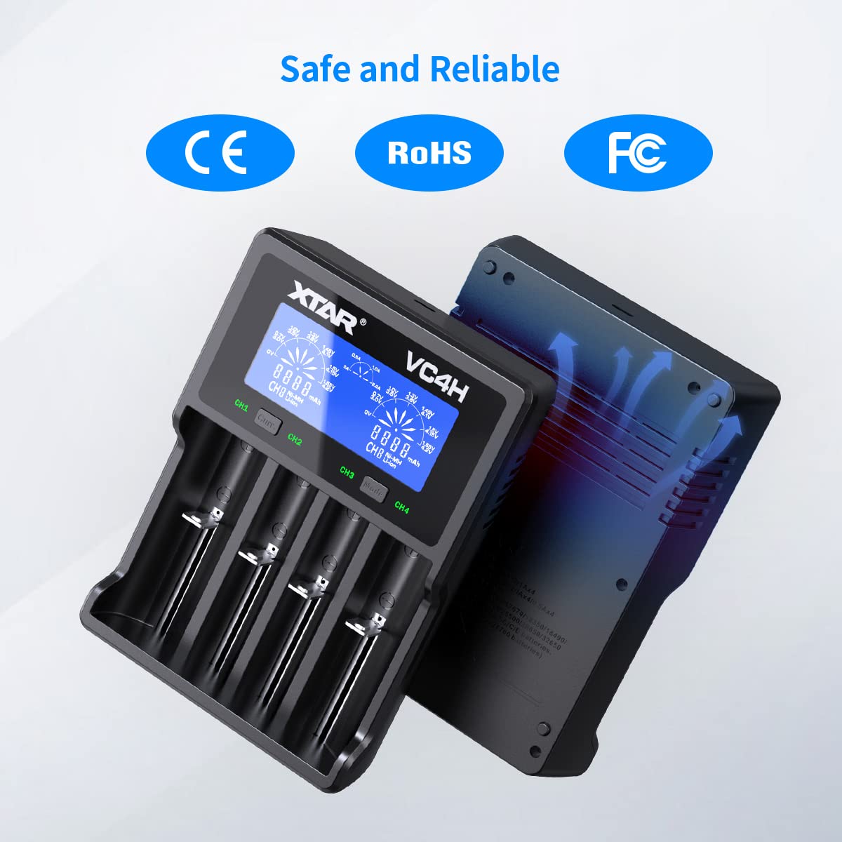 XTAR VC4H Battery Charger Smart LCD Display Universal Battery Charger 4 Slots Fast Charging for Rechargeable Batteries 3.6V/3.7V Li-ion18650 20700 21700 26650,1.2V Ni-MH/Ni-CD AAAA AAA AA Batteries