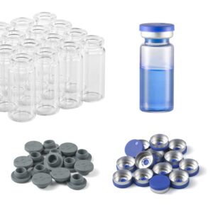 eowpower 100 pack 10ml glass vials, 20mm glass flat bottom lab vial with plastic-aluminum flip caps and rubber stoppers (clear)