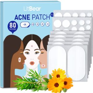 litbear large acne pimple patches, 5 sizes 80 patches for large breakouts, acne patches for face, chin or body, acne spot patch with tea tree & calendula oil, hydrocolloid bandages for acne skin