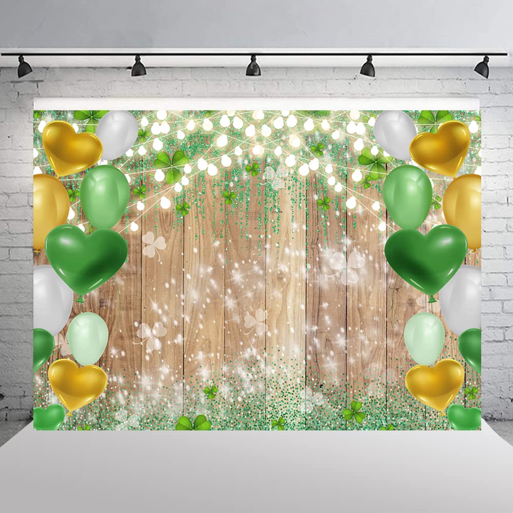 Ticuenicoa 7×5ft Happy St. Patrick's Day Backdrop Wooden Texture Green Balloon Glitter Bokeh Clover Photography Background Lucky Irish Shamrock Confentti Kids Birthday Baby Shower Wall Decor Banner