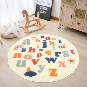 abreeze abc round carpet kids children educational learning area rug 4ft, fluffy faux wool alphabet baby crawling mat, activity centerpiece play mat for boys girls bedroom play/game room