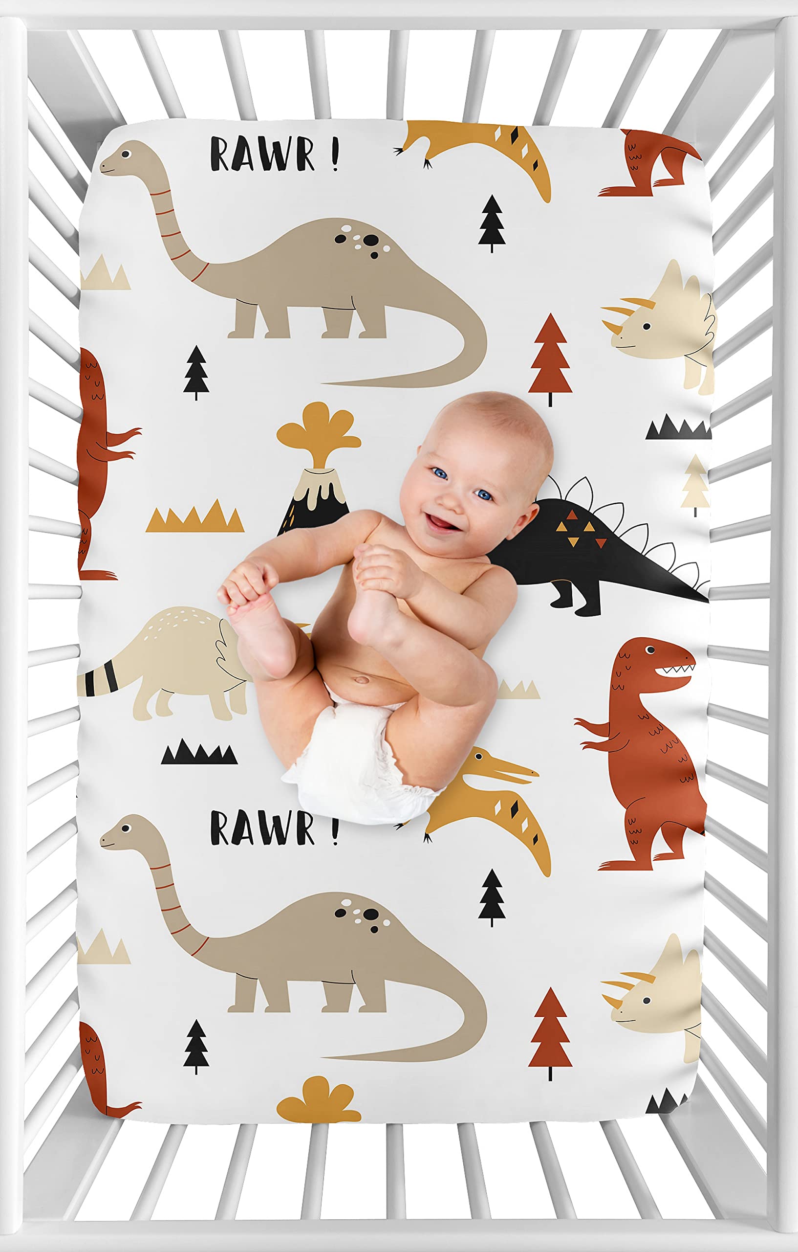 Sweet Jojo Designs Mod Dino Boy Girl Fitted Mini Crib Sheet Baby Nursery Portable Crib Pack Play - Orange Tan Rust Taupe Mustard Yellow Beige Brown Black Modern Dinosaur Boho Dinosaurs Gender Neutral