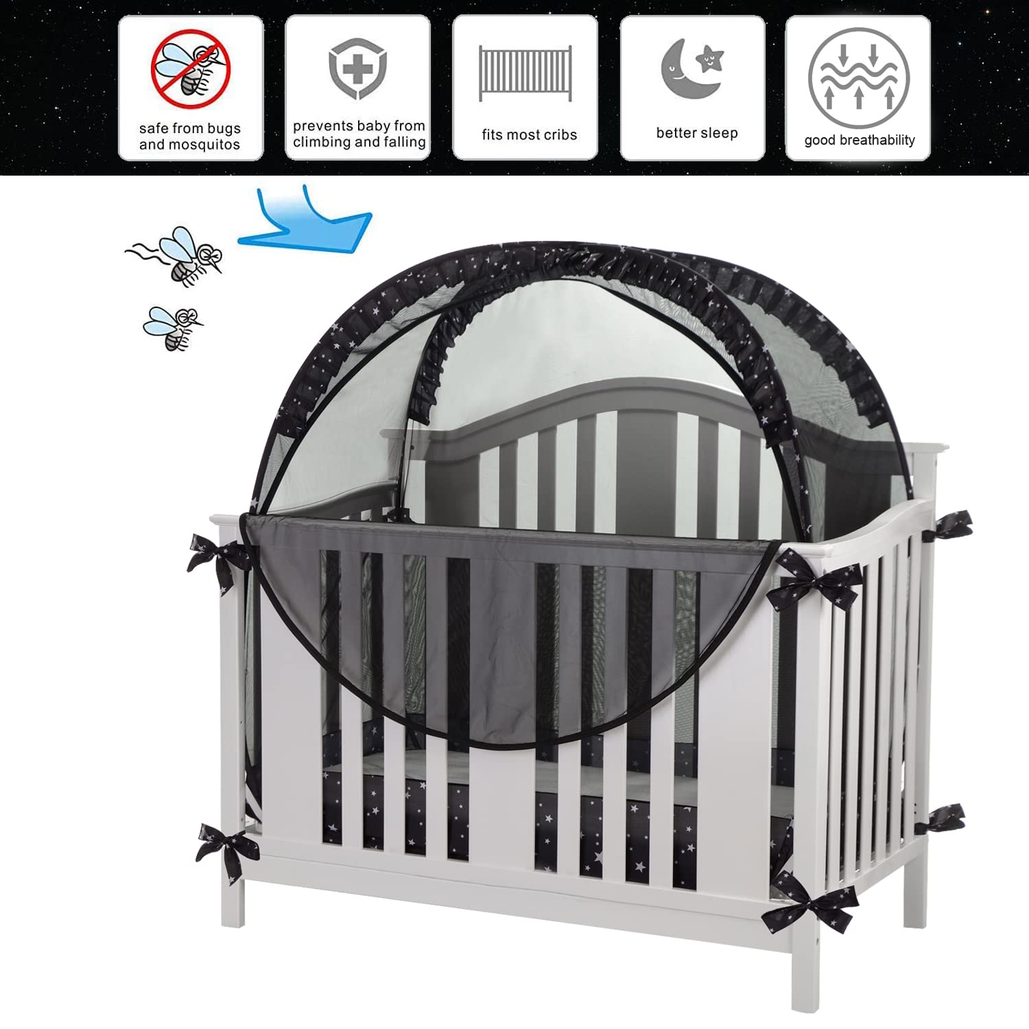 JOINSI Baby Safety Crib Tent - Crib Canopy to Keep Infant from Climbing Out, Pop Up Mesh Net with Organizer