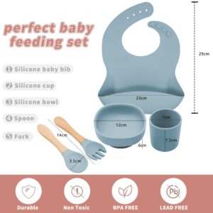 Baby Feeding Set 5 Pcs Silicone Dinner Plates and Cutlery Set, Santi & Me Baby Weaning Bowls with Suction & Silicone Bibs & Spoon and Fork & Toddler Cups Training Dishes Utensils(Dusty Blue)